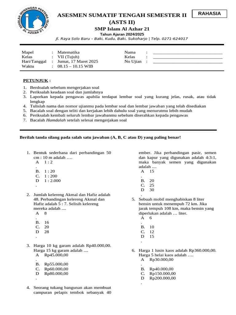 Fix Soal Asts 2 Matematika 7 2024 2025 | PDF