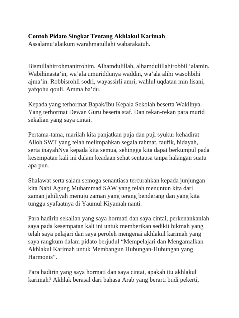 Contoh Pidato Singkat Tentang Akhlakul Karimah | PDF