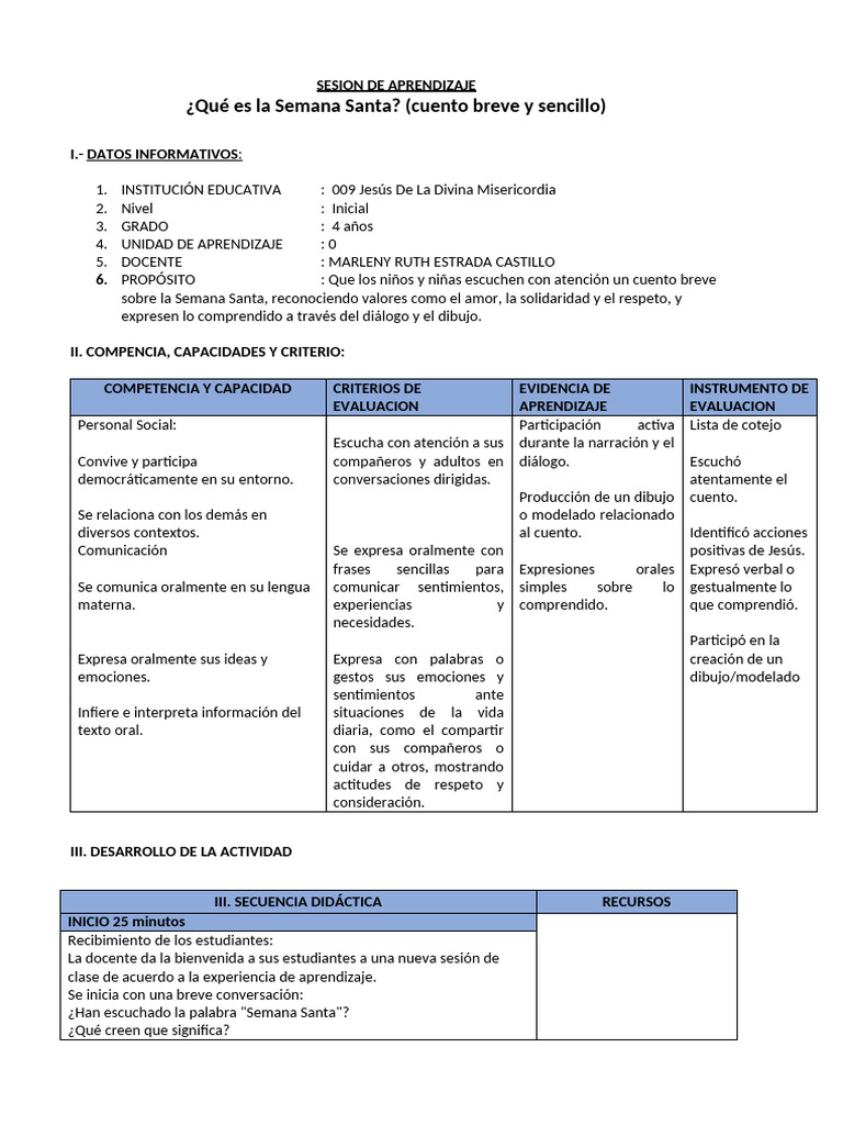 Sesion de Aprendizaje Que Es Semana Santa | PDF | Evaluación | Amor