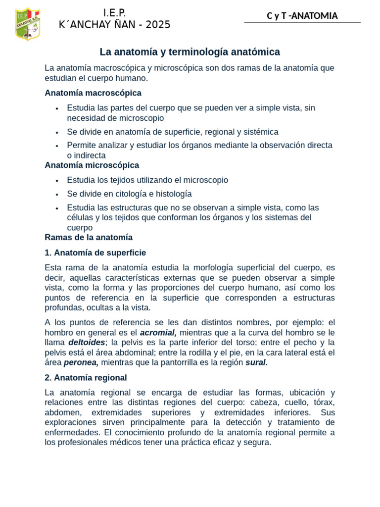 Anatomía: Ramas y Terminología Esencial | PDF | Anatomía | Tejido ...