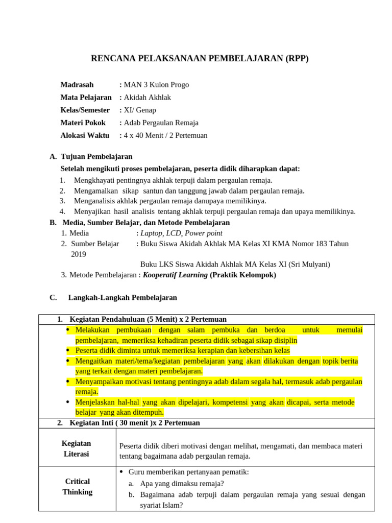 RPP Adab Pergaulan Remaja | PDF