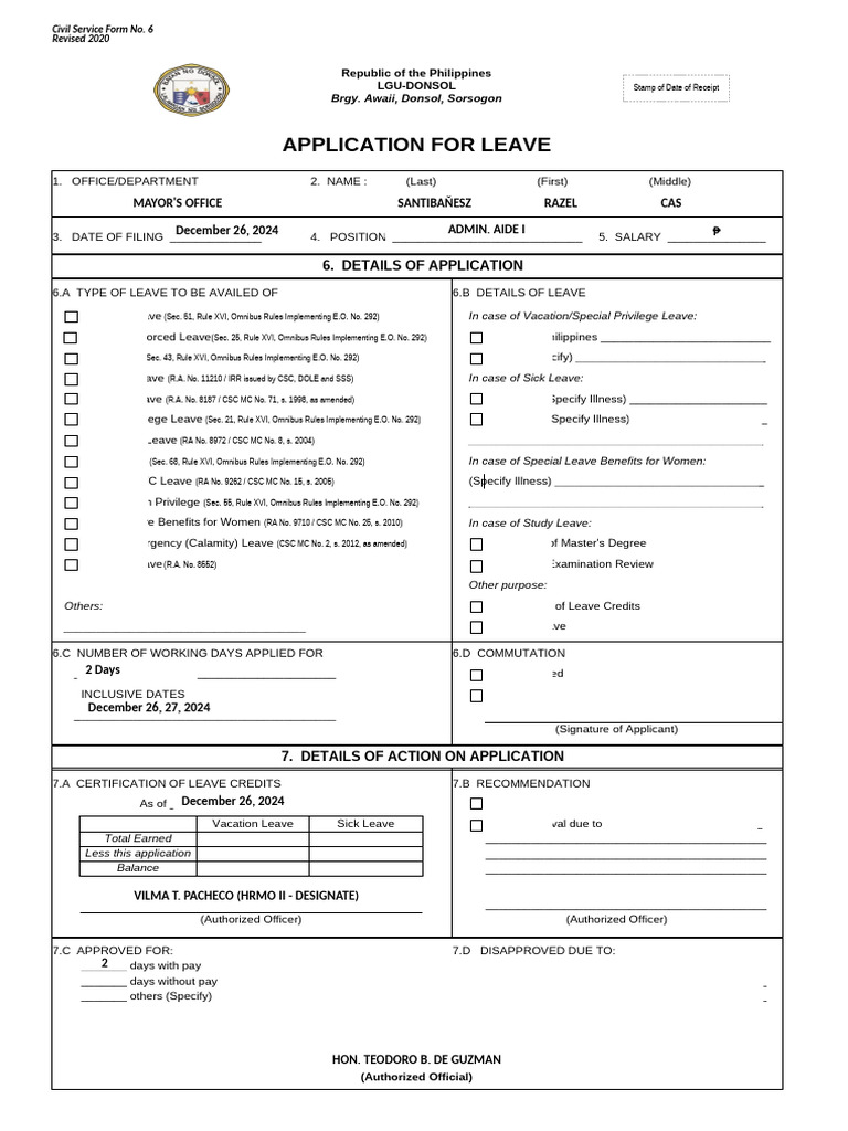 CS Form No. 6, Revised 2020 (Application For Leave) (Fillable) | PDF | Parental Leave