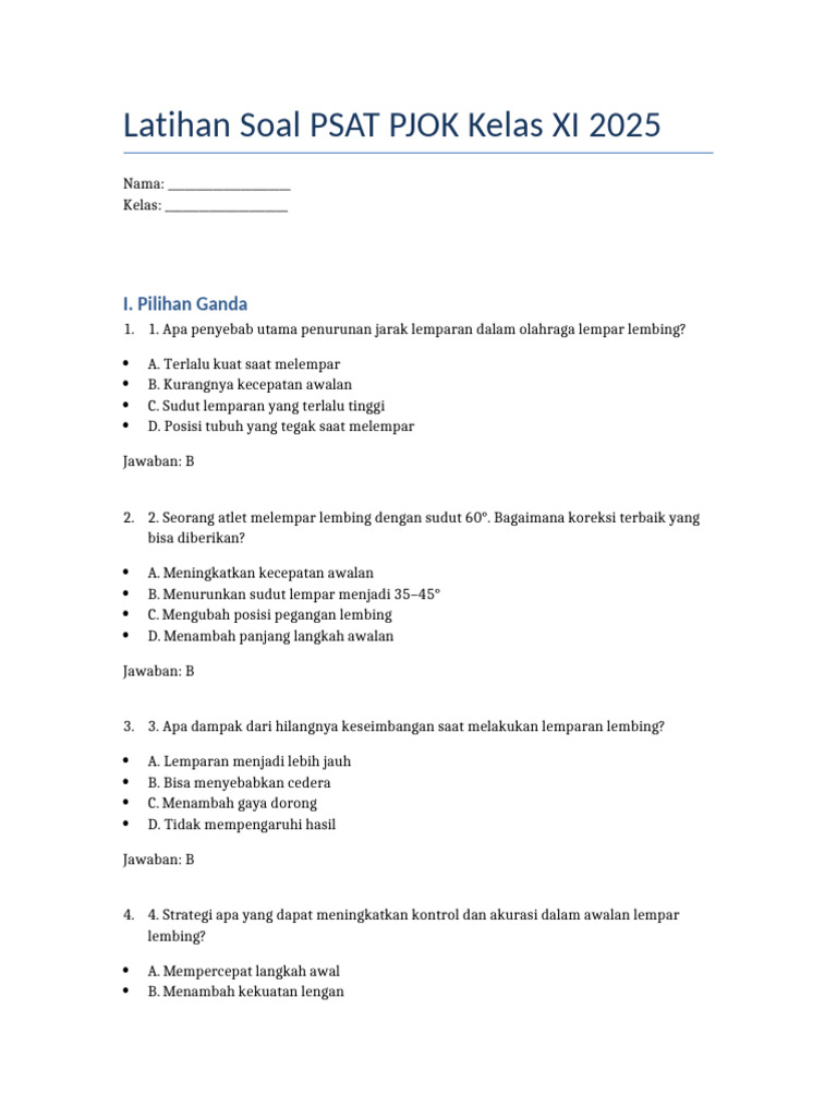 Latihan_Soal_PJOK_XI_2025_Lengkap | PDF