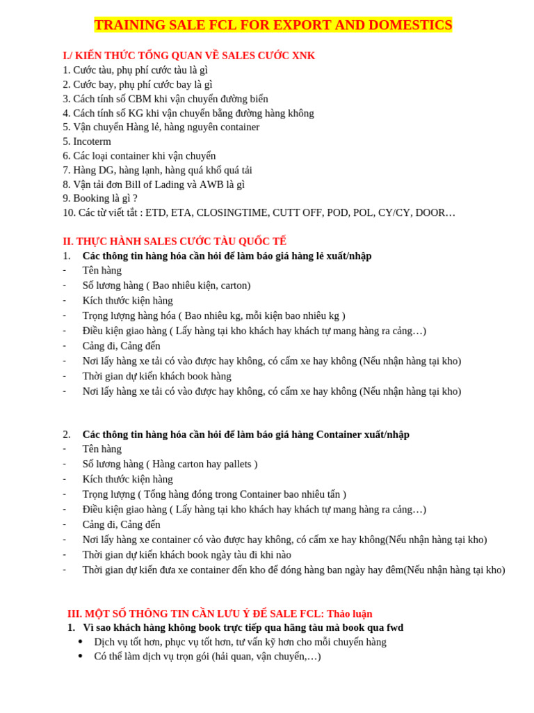 FCL Sale For Export and Domestics Training Final | PDF