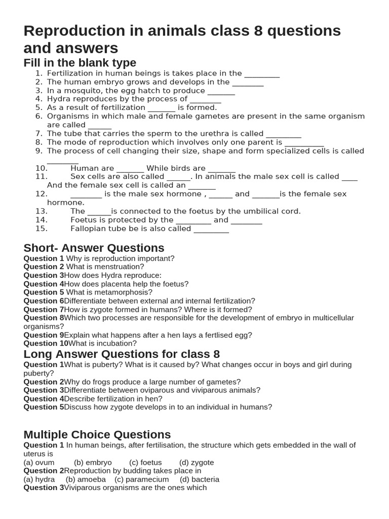 Class 8 Reproduction in Animals Q&A | PDF | Sexual Reproduction ...