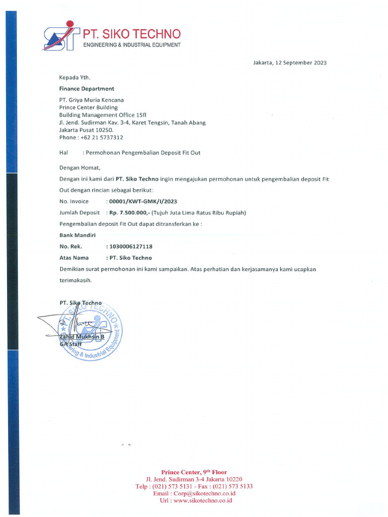 Surat Permohonan Pengembalian Deposit Fit Out. | PDF