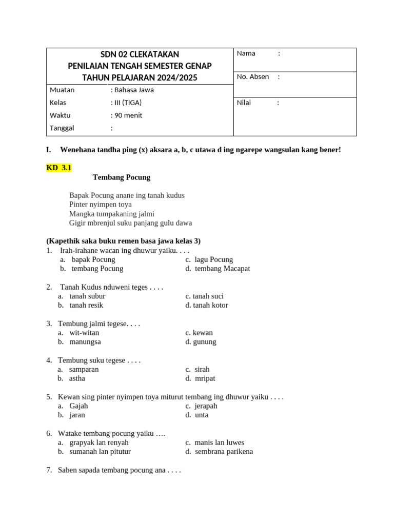 Soal PTS 2 Bahasa Jawa Kelas 3 K13 | PDF
