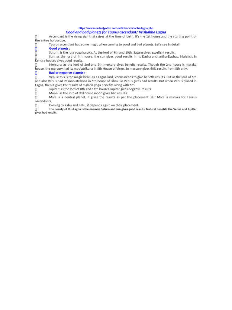 Good and Bad Planets For Taurus Ascendant Vrishabha Lagna | PDF