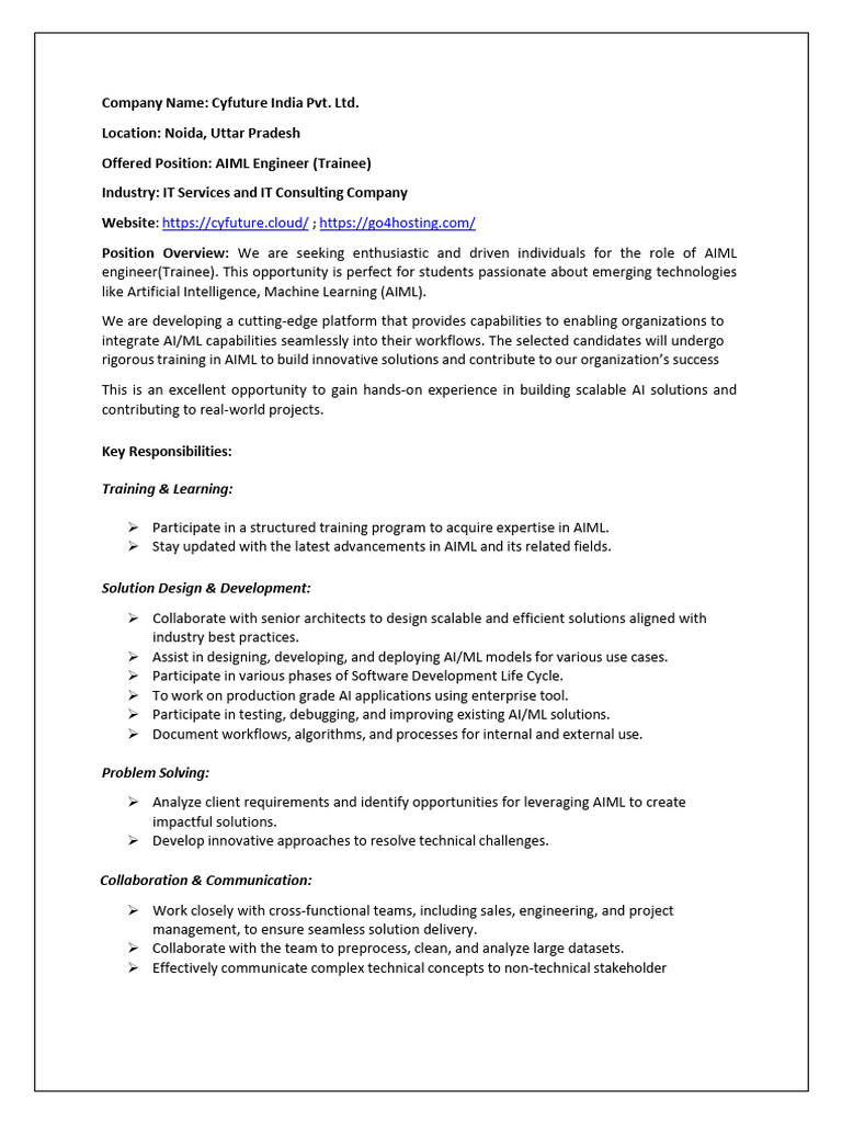 AIML Engineer (Trainee) - JD | PDF | Artificial Intelligence | Intelligence (AI) & Semantics