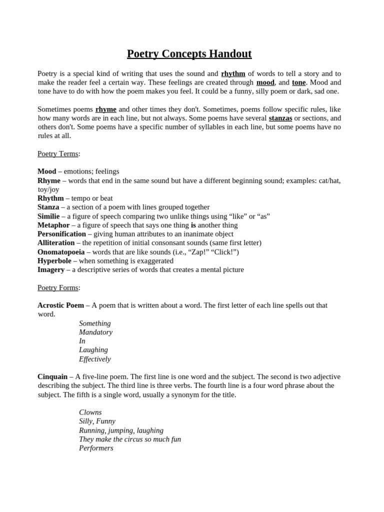 Poetry Concepts Handout | PDF | Poetry | Rhyme