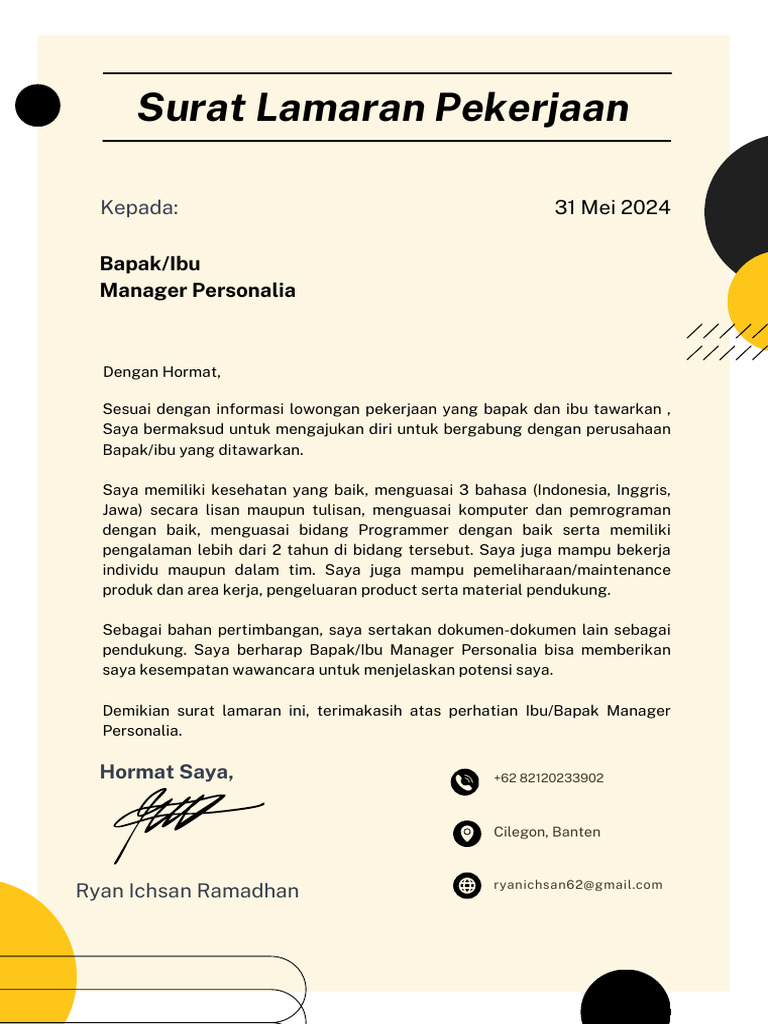 Surat Lamaran Pekerjaan Ryan | PDF