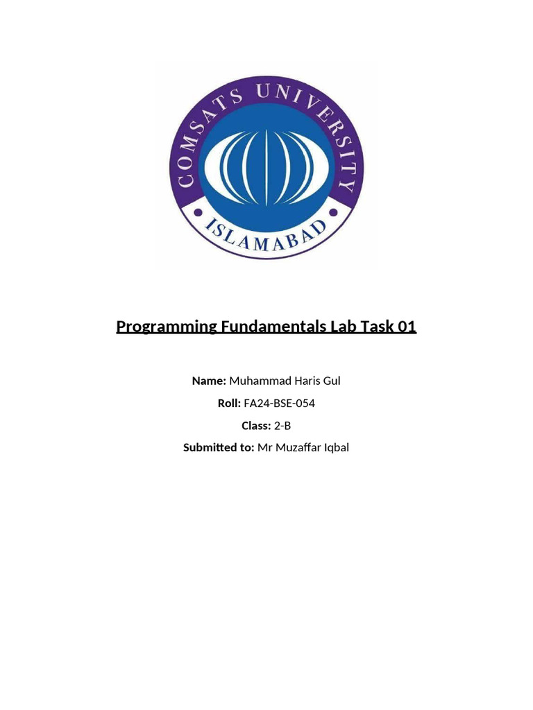 Programming Fundamentals Lab Task 01 | PDF