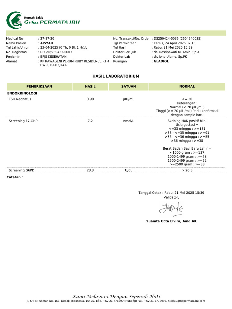 Hasil Pemeriksaan TSH Neonatus by Ny Aisyah | PDF