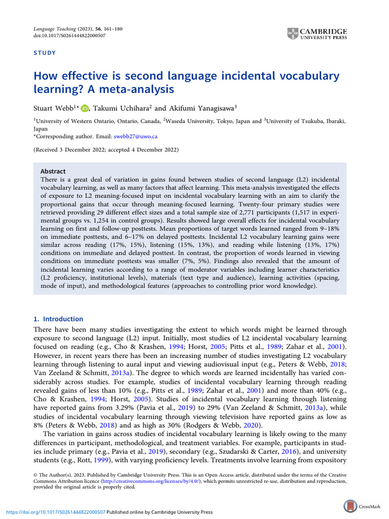 How Effective Is Second Language Incidental Vocabulary Learning A Meta Analysis | PDF | Second ...