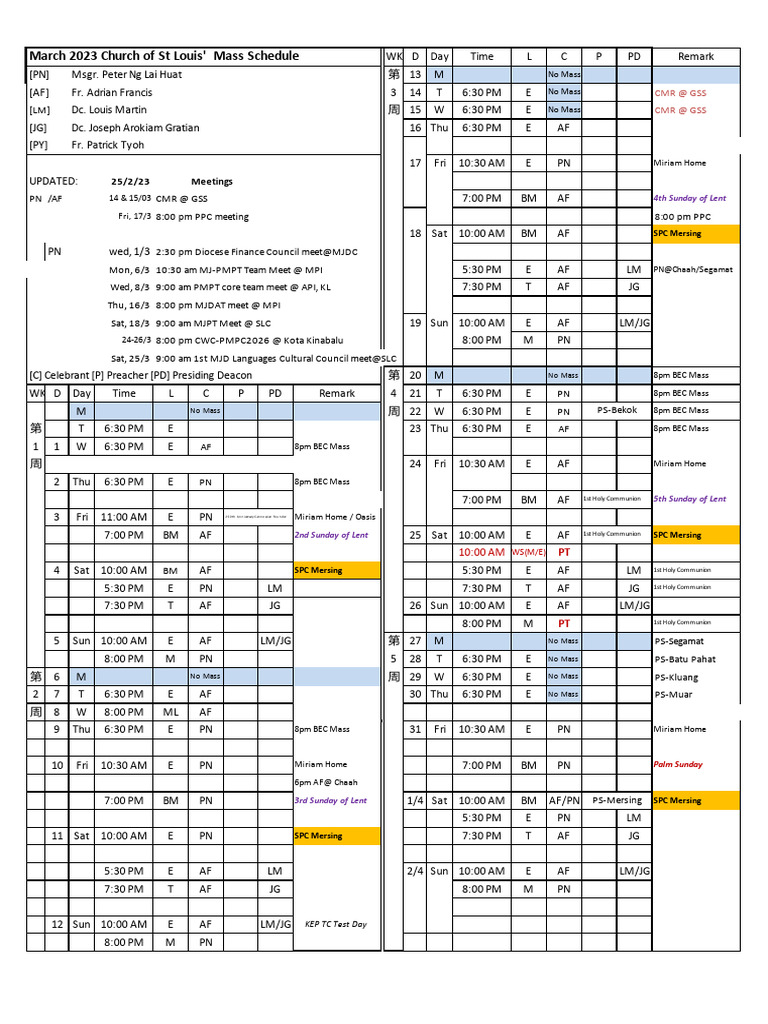 2023-03 SLC Mass Schedule - Mar | PDF | Christian Worship And Liturgy