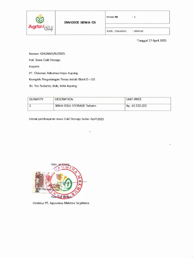 Invoice Sewa Cold Storage April 2025 | PDF