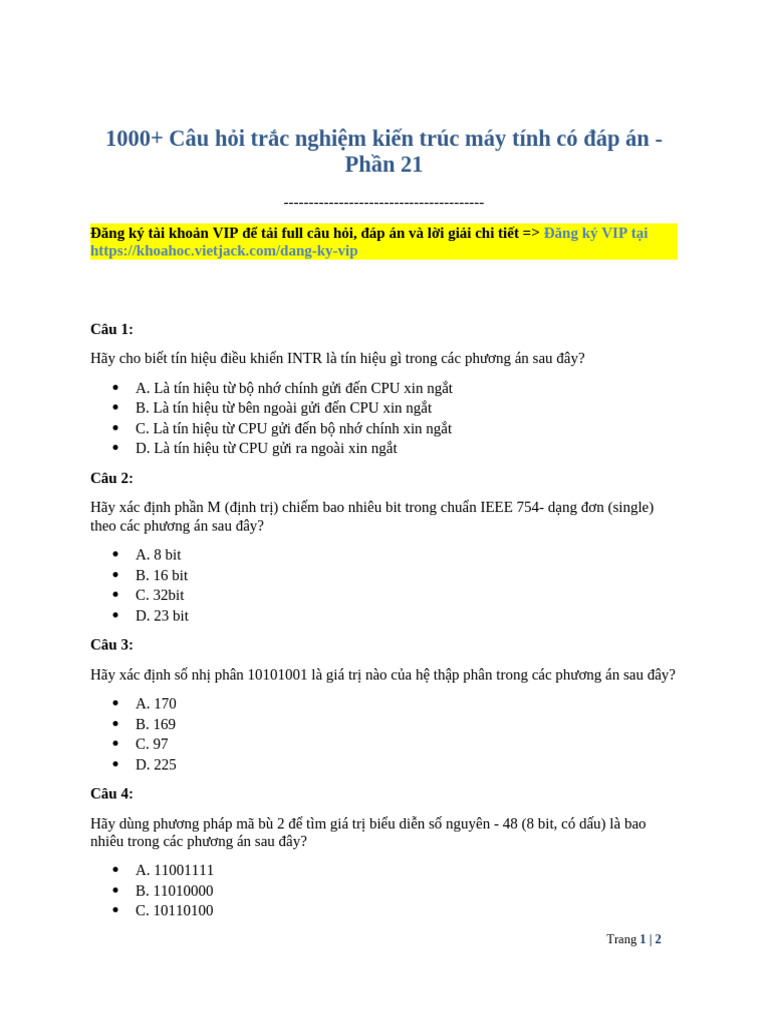 1000 Cau Hoi Trac Nghiem Kien Truc May Tinh Co Dap An Phan 21 2025-06-05 | PDF