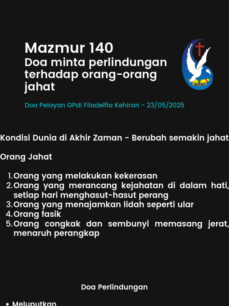Materi Khotbah Doa Pelayan Mazmur 140 230525 | PDF