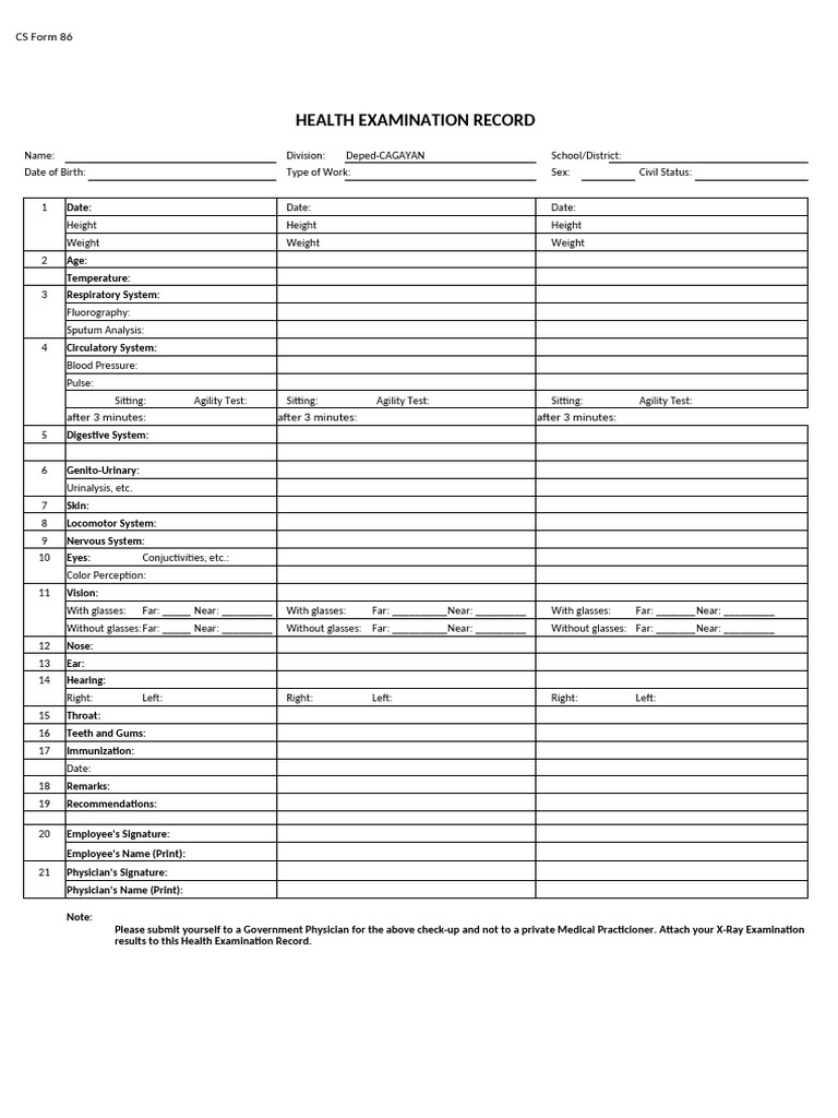 Teachers Health Examination Card CS Form 86 | PDF