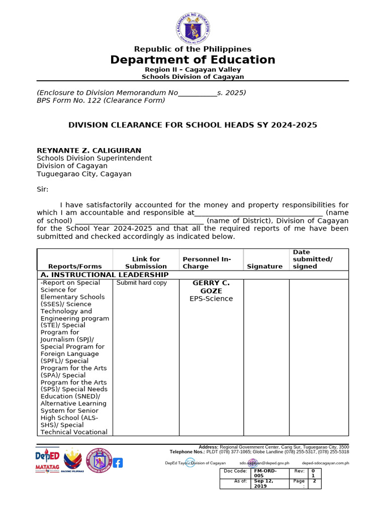 Division Clearance For School Heads 2024 2025 1 | PDF