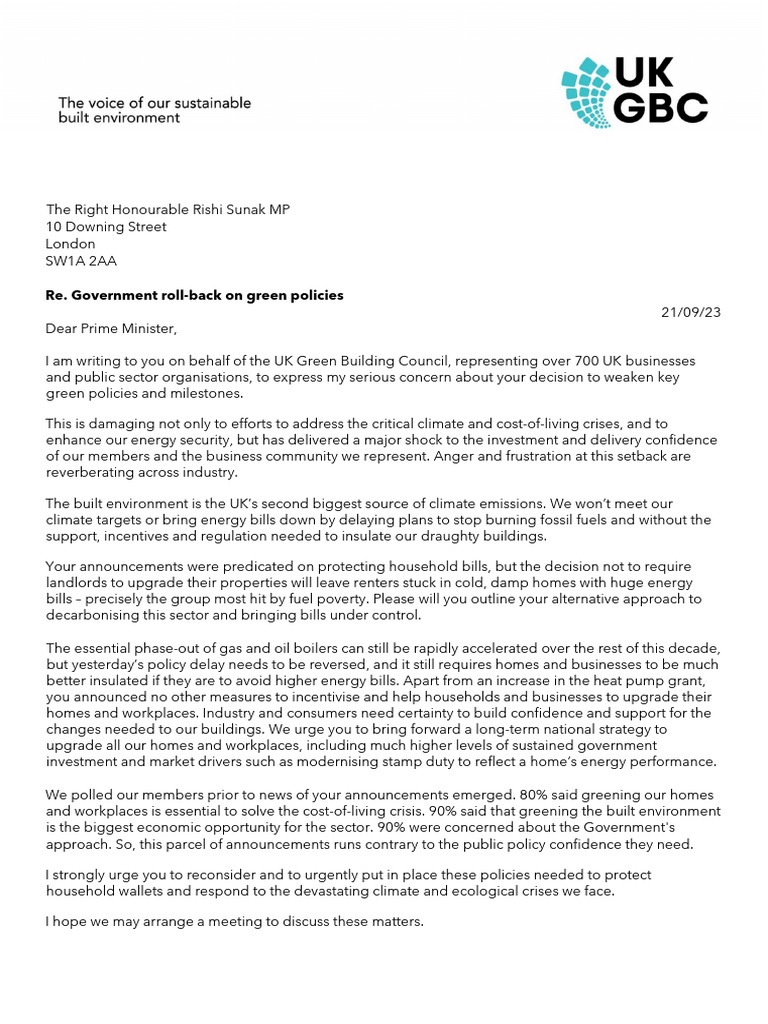 2023 UKGBC Letter To Rishi Sunak Rollback On Green Policies | PDF ...