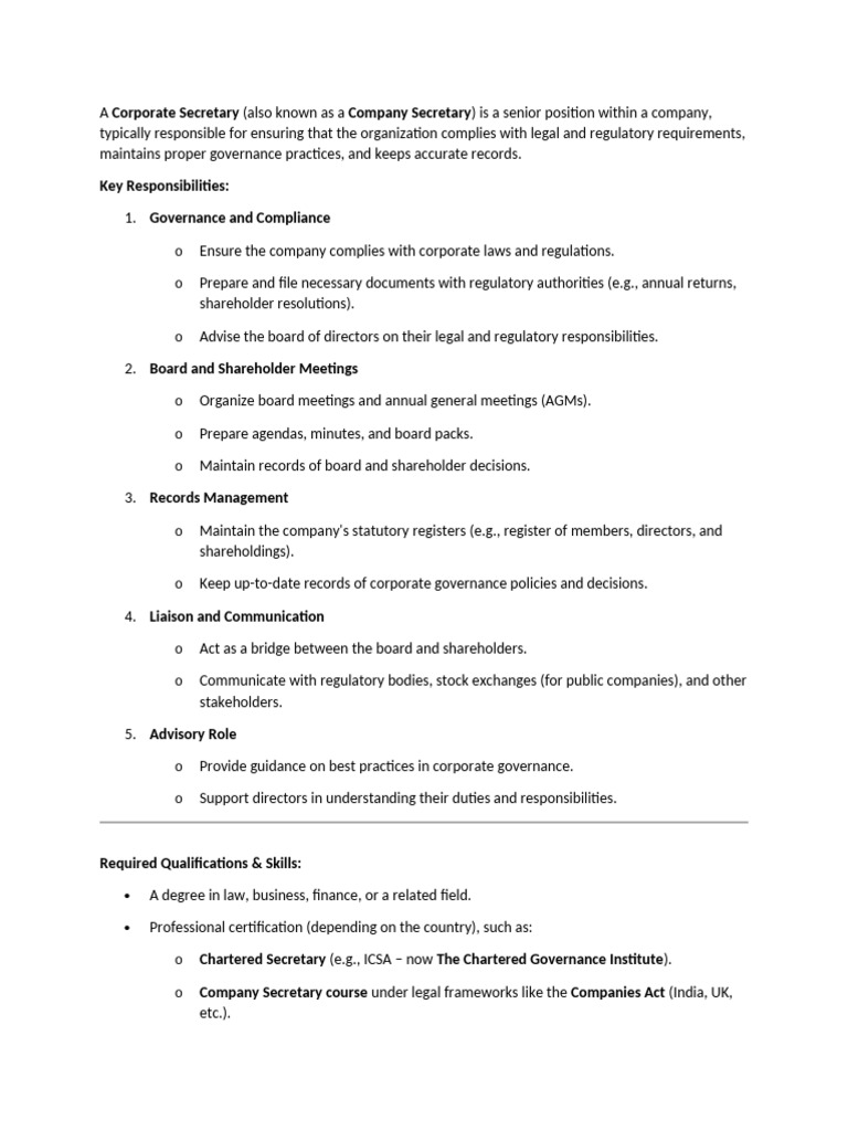 Corporate Secretary - Duties and Responsibilities | PDF