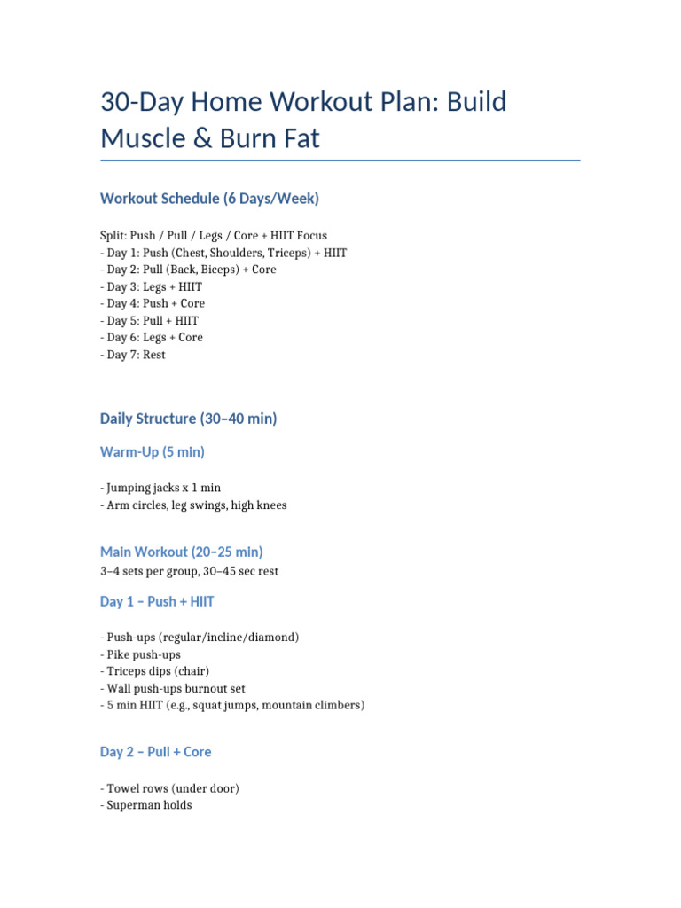30-Day Home Workout Plan | PDF
