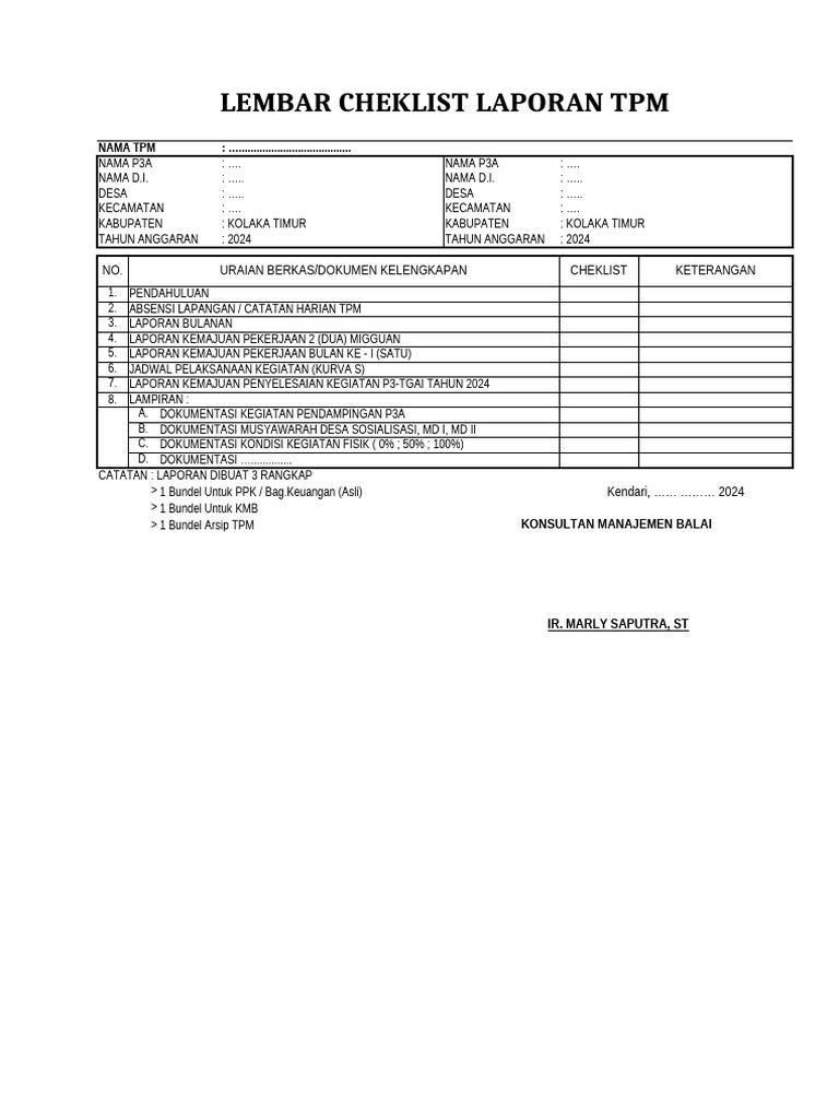 Cheklist Lap Tpm Dan Lembar Antara | PDF