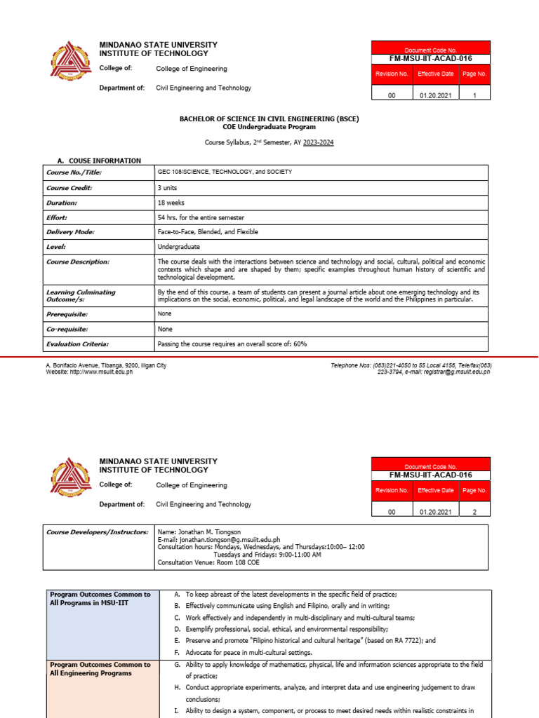 GEC 108 Course Syllabus 2nd Sem 2023-2024 | PDF | Engineering | Knowledge