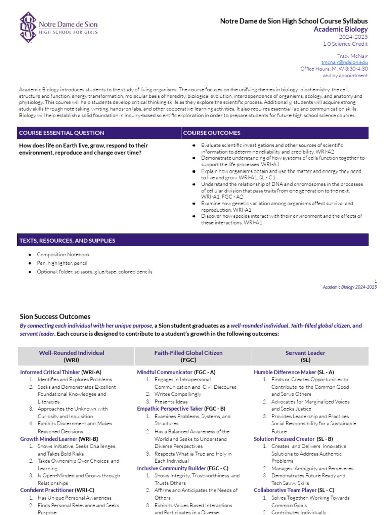 Academic Biology Syllabus | PDF | Cell (Biology) | Dominance (Genetics)