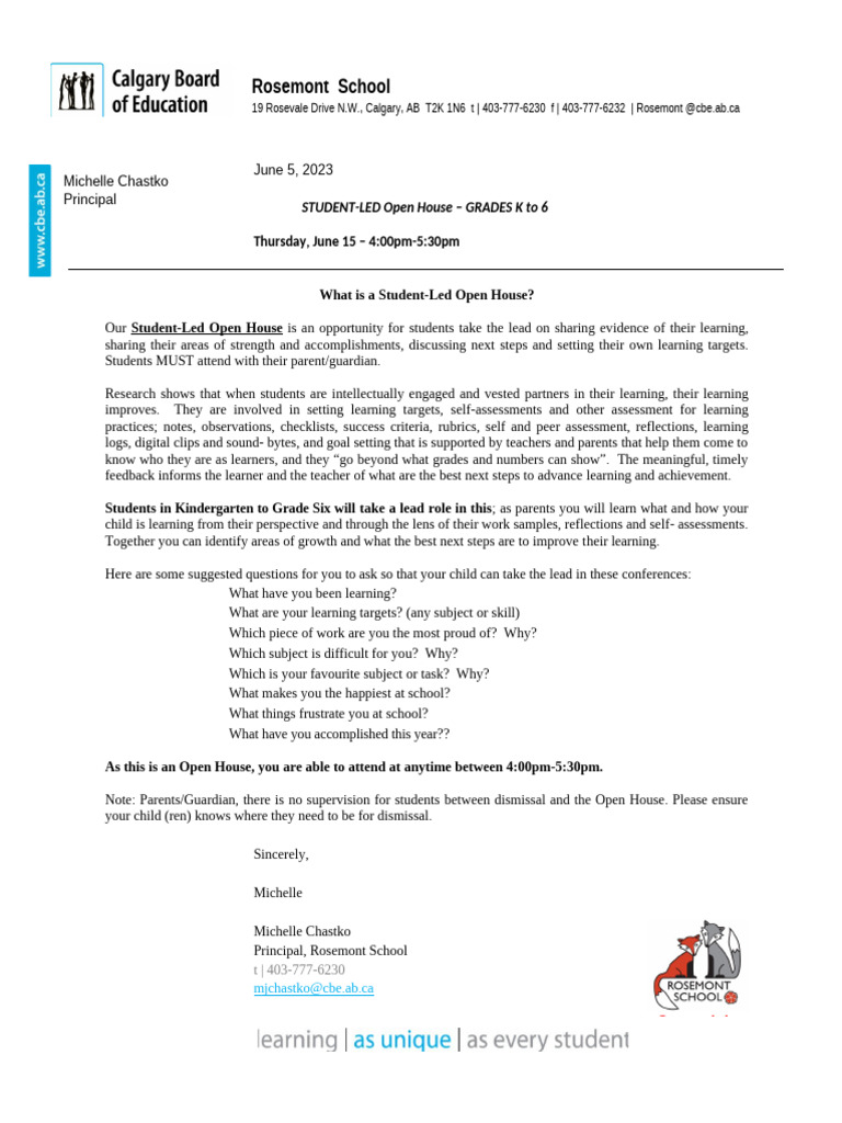 Open House Parent Letter June 2023 | PDF | Learning | Social Psychology
