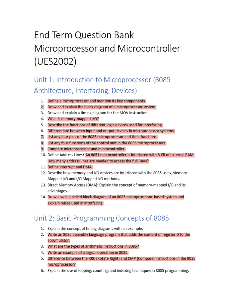 End Term Question Bank Unitwise MP | PDF | Input/Output | Microcontroller