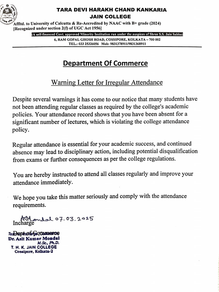 Warning Letter for Irregular Attendance | PDF