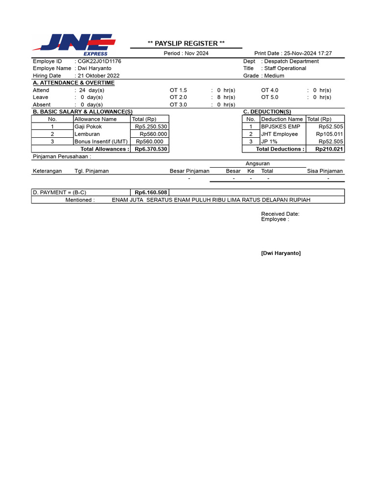 Slip Gaji Nov 2024-Dwi Haryanto | PDF