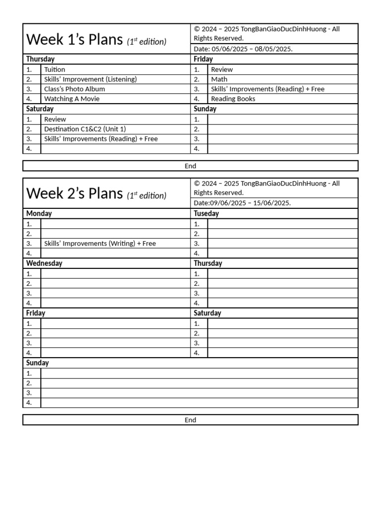 Week 1's Plans | PDF