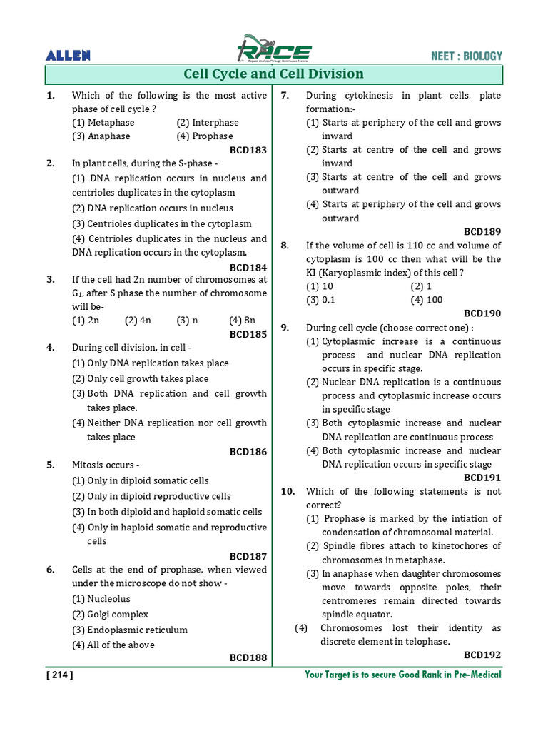 RACE - Cell Cycle and Cell Division - TEAMKOTA | PDF | Mitosis | Meiosis