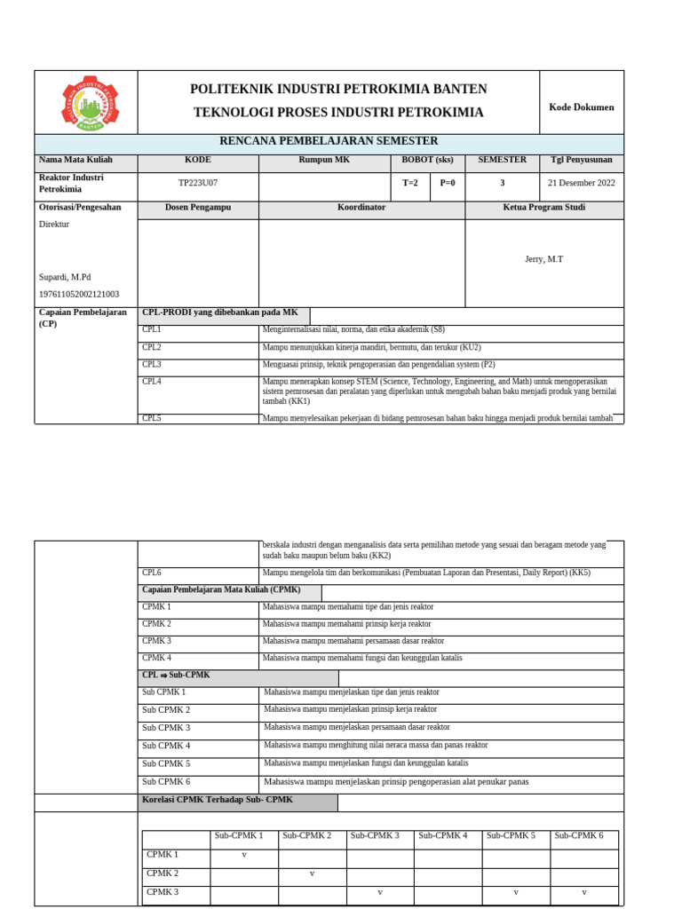 RPS Teori Reaktor - Revisi 1 - 04062025 | PDF
