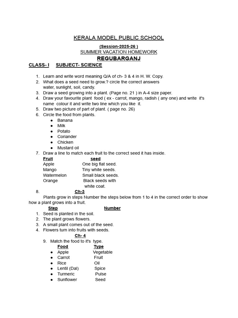 Summer Vacation H. W Science Class-1st | PDF