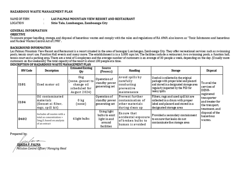 SAMPLE Hazardous Waste Management Plan | PDF | Waste | Hazardous Waste