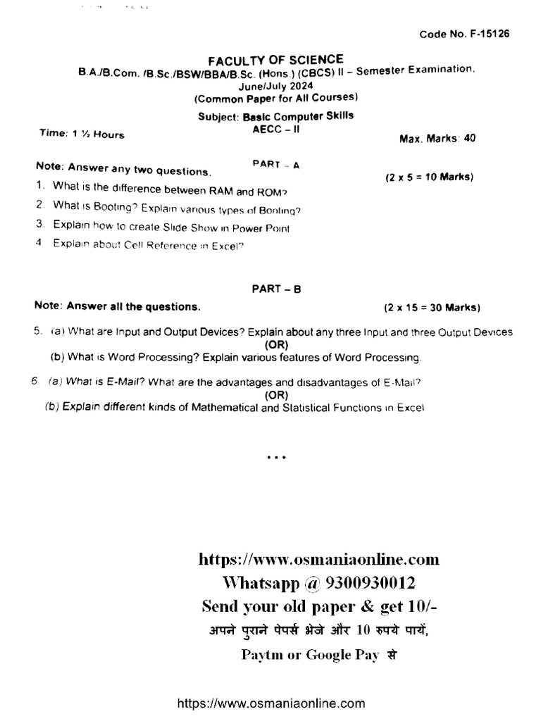 Ba Bcom BSC BSW Bba 2 Sem Basic Computer Skills F 15126 Jul 2024 | PDF