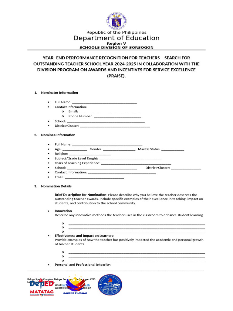 Outstanding Teacher Nomination Form 2024-2025 | PDF | Teachers | Schools