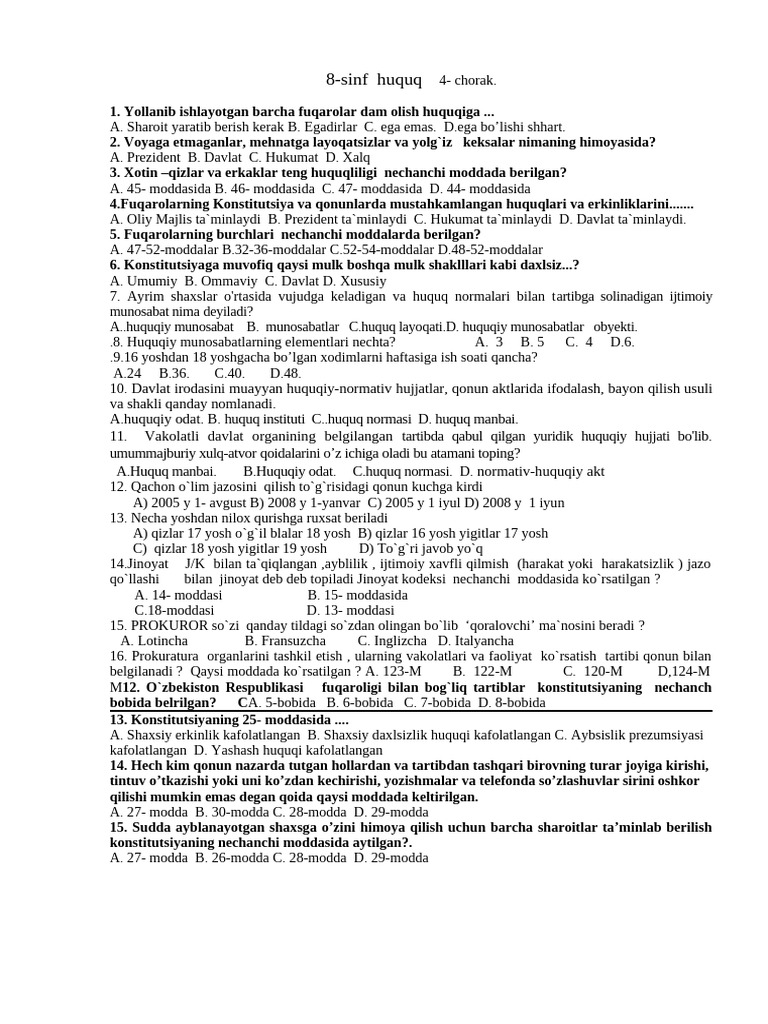 8 Sinf Huquq 4 Chorak Test | PDF