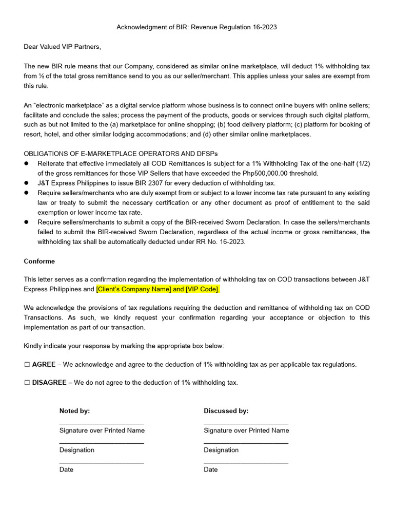 Acknowledgment of 1 Withholding Tax Policy For Sellers - Docx Ver.2 ...
