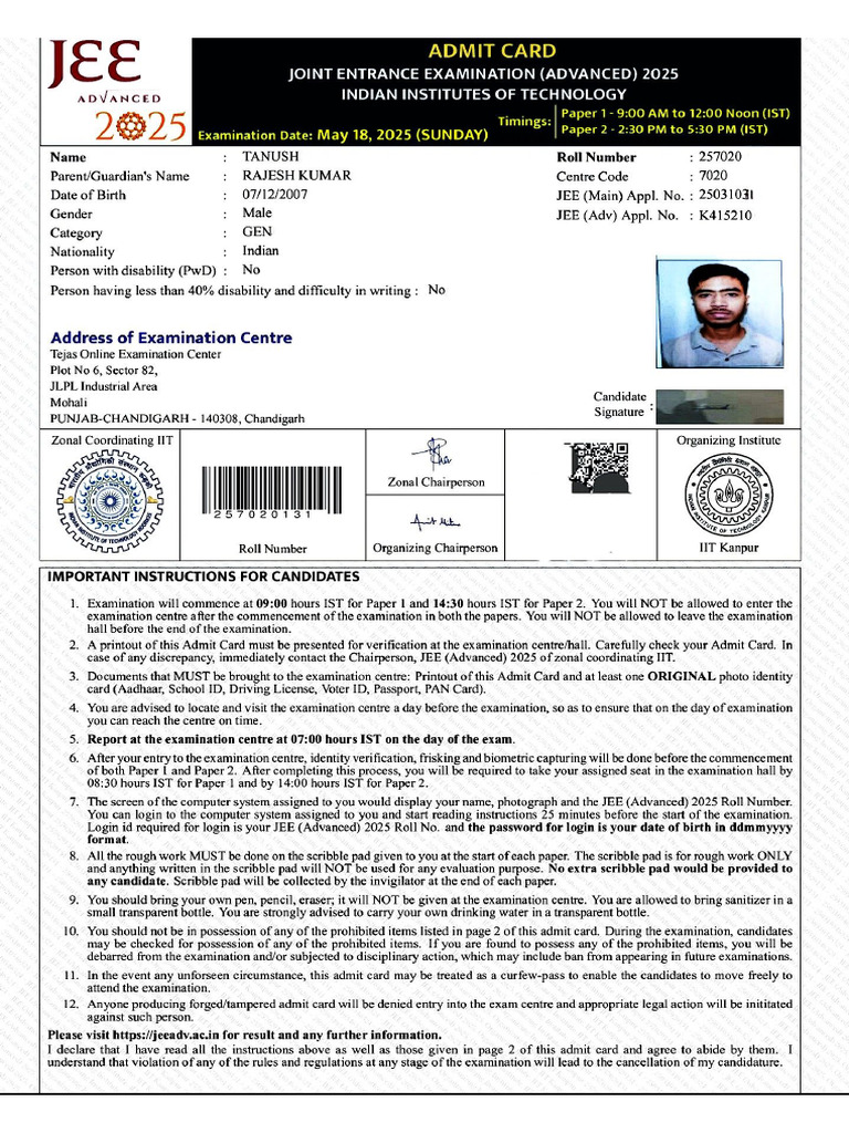 Admit Card Jee Adv | PDF