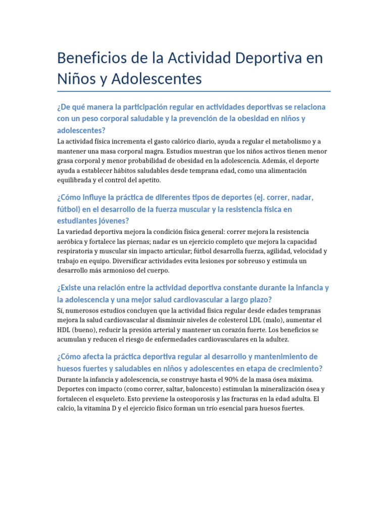 Beneficios del Deporte en Niños y Adolescentes | PDF | Adolescencia ...