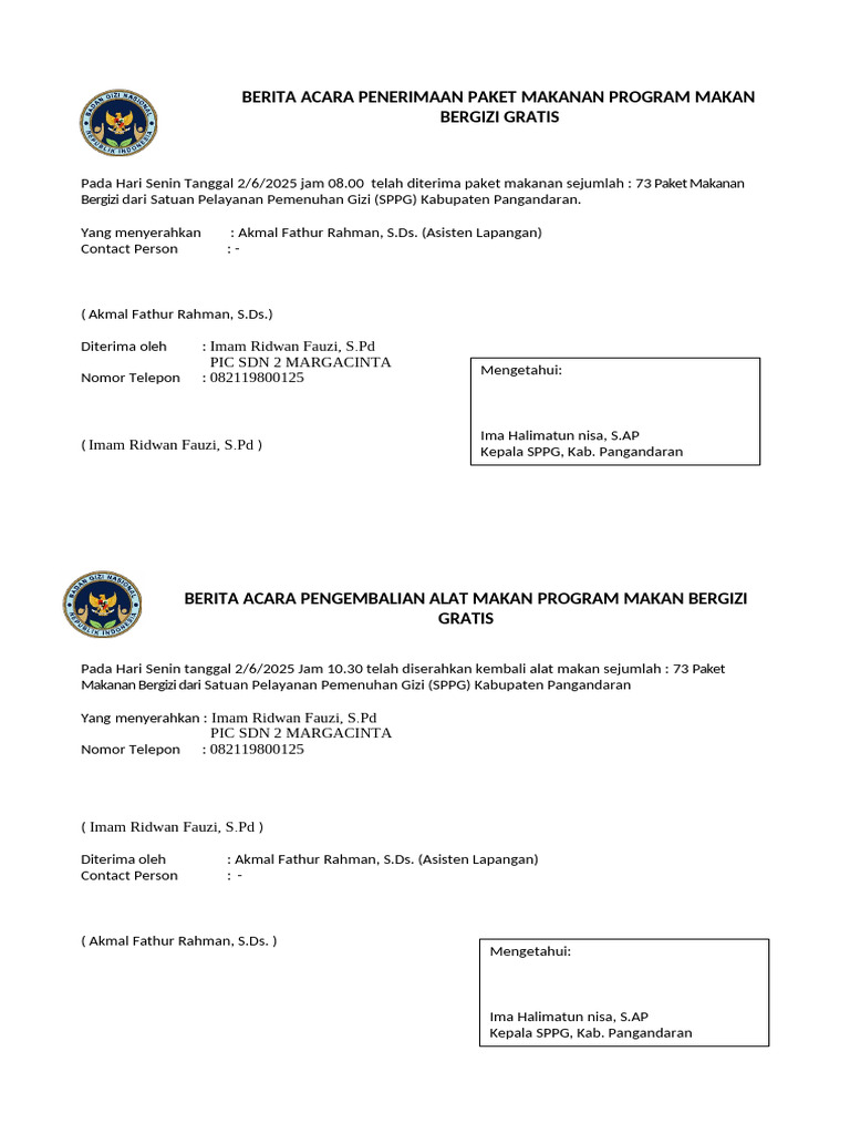 Berita Acara Penerimaan Paket Makanan Program Makan Bergizi Gratis | PDF