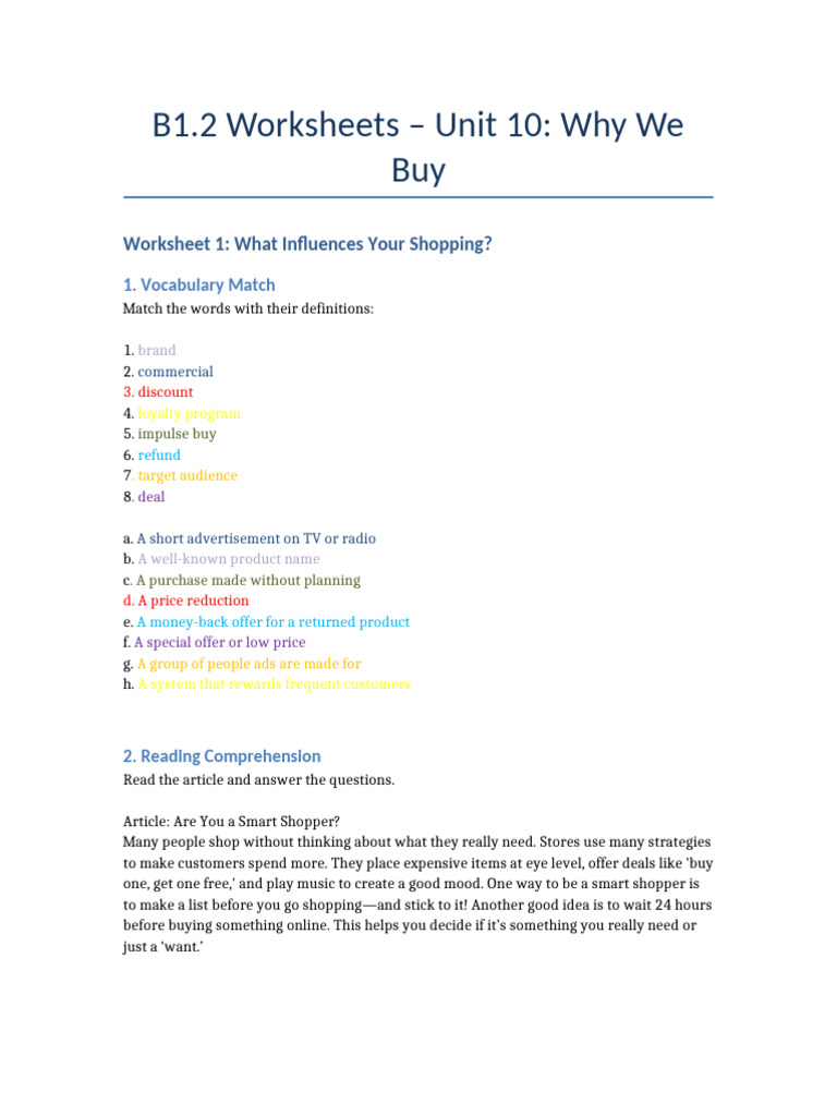 B1.2 - Unit10 - Worksheets English Practice | PDF | Business Economics ...