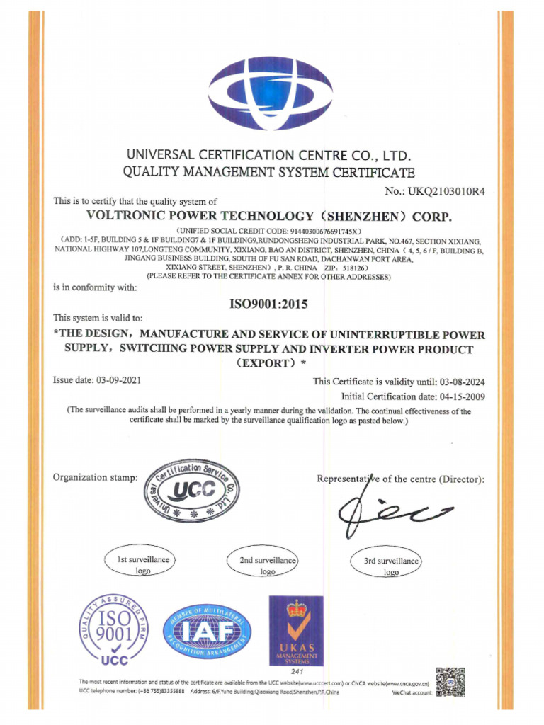 ISO VOLTRONIC Shenzhen 9001 2024-08-3 | PDF