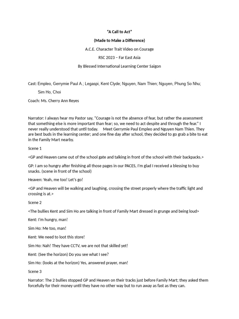 A Call To Act-ACE Char TRait Video B Script 2023 | PDF | Religious ...