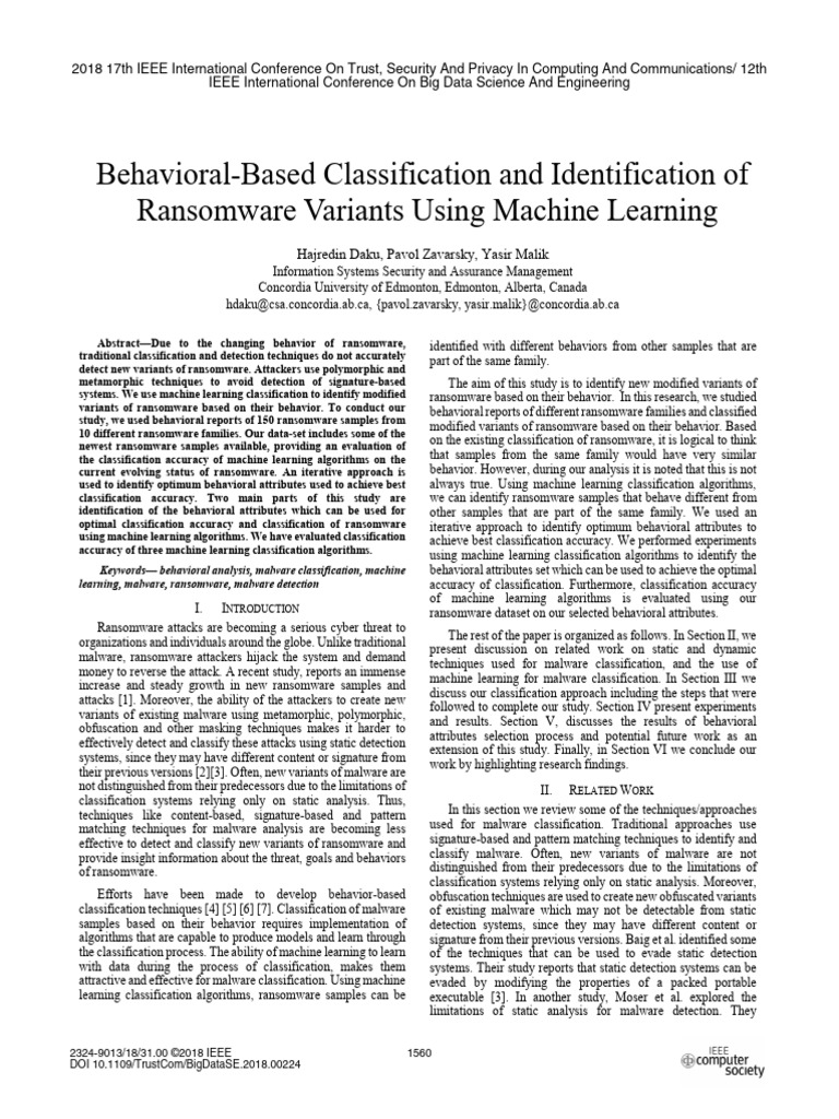 IEEE - Behavioral-Based Classification and Identification of Ransomware Variants Using Machine ...